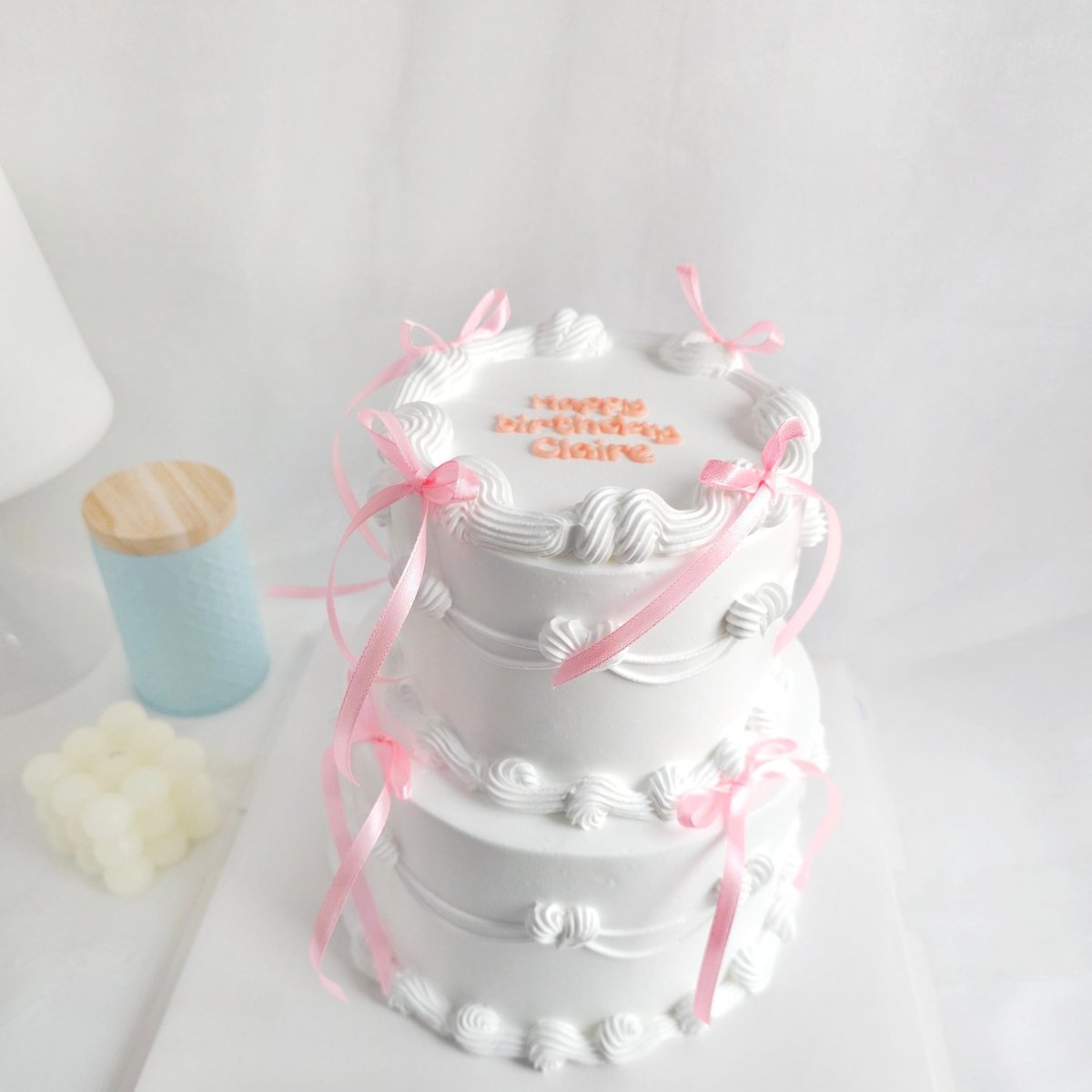 Minimalist Pink Ribbon White Two Tier Cake 4 Inch + 6 Inch | YippiiGift